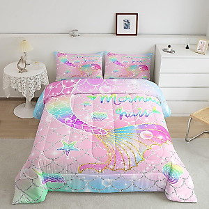 Feelyou Mermaid Comforter Set Twin Size for Kids Girls Rainbow Pink Mermaid Tail Printed Bedding Set Cute Reversible Stars Quilt Bed Set Sparkle Mermaid Fish Scale Bedroom Glitter Decor All Season