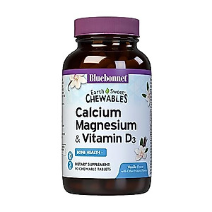 Bluebonnet Nutrition Calcium Magnesium Plus Vitamin D3 Earthsweet, Bone Health & Muscle Relaxation, Soy-Free, Gluten-Free, Kosher Certified, Dairy-Free, 90 Vanilla Flavored Chewable Tablets