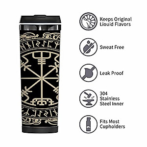 WONDERTIFY Viking Coffee Cup Magical Runic Compass Vegvisir Norse Runes Dragons Coffee Mug Stainless Steel Bottle Double Walled Thermo Travel Water Metal Canteen Black