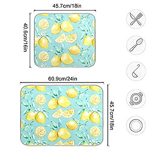 Absorbent Dish Drying Mat for Kitchen Counter - Yellow lemon teal background Microfiber Drying Pad, Reversible Drainer Mats for Countertop, Large 16 x 18 inch