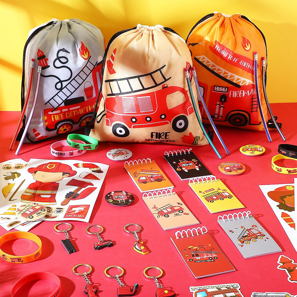 144 Pcs Firefighter Party Favors Fireman Themed Party Supplies Firemen Truck DIY Stickers Drawstring Bags Mini Notepads Silicone Wristbands Bracelets Keychain Button Pins Flexible Soft Pencil