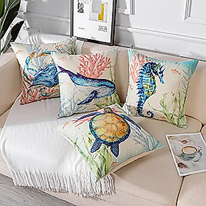 Artscope Set of 4 Waterproof Throw Pillow Covers 18x18 Inches, Marine Life and Pink Coral Pattern Decorative Cushion Covers, Perfect to Outdoor Patio Garden Living Room Sofa Farmhouse Decor