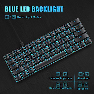 MageGee MK-Mini 60% Mechanical Gaming Keyboard, 61 Keys TKL Compact Gaming Keyboard with Blue Switches, Portable Blue LED Backlit USB Type-C Wired Office Keyboard for PC Laptop Computer, Black