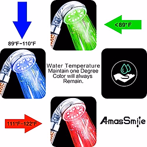 AmasSmile® LED Shower Head with Hose and Bracket - Color Changes with Water Temperature Filter Filtration High Pressure Water Saving Handheld Showerheads for Dry Skin & Hair