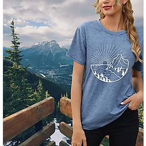 Sunrise Pine Tree Shirt for Women Retro Sun and Pine Tree Graphic Printed Summer Casual Hiking Travel Adventure Camping Short Sleeve Roundneck Regular Fit Workout Casual Tee Tops(Blue S)