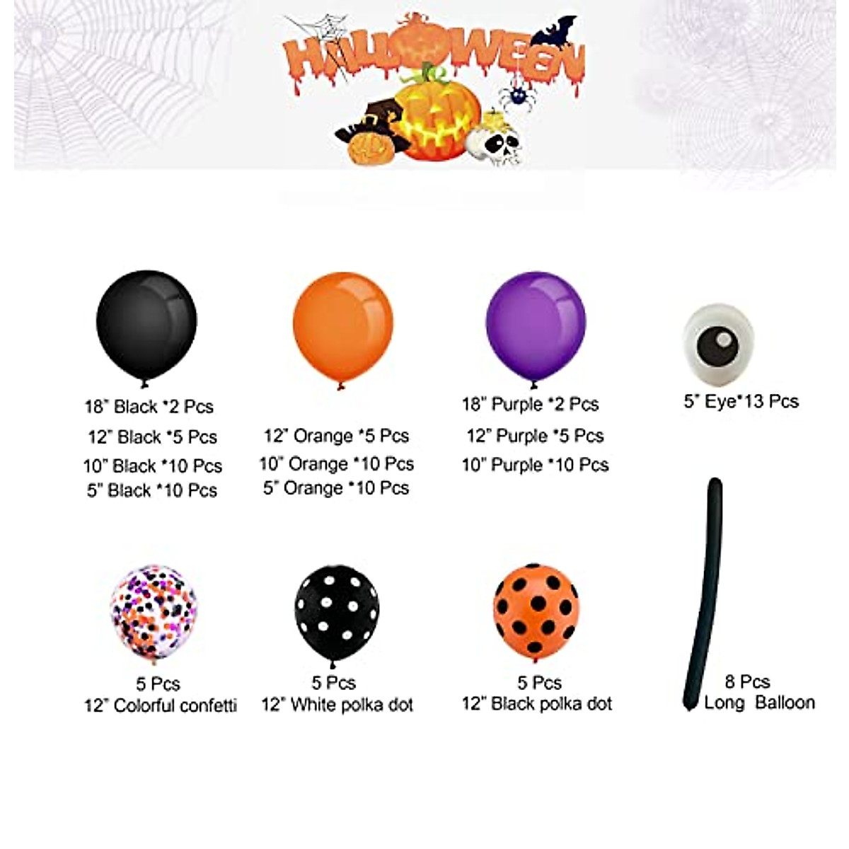 Bonropin Halloween Balloon Garland Arch kit with Halloween Spider Web, Boo Aluminum Foil Banner Balloons, Spider Balloons, Black Orange Purple Confetti Balloons for Halloween Day Party Decorations
