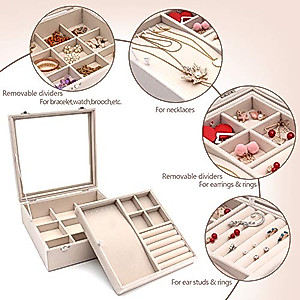 KLOUD City Jewelry Box with Glass Lid Two-Layer Jewelry Box Organizer Display Storage case (Beige)