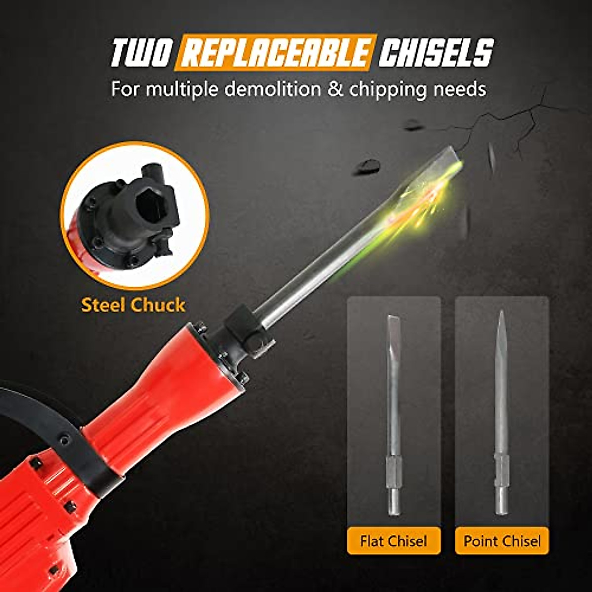 F2C 2200W Heavy Duty Electric Demolition Jack Hammer Concrete Breaker Power Tool Kit 2 Chisel 2 Punch Bit Set W/Case, Gloves