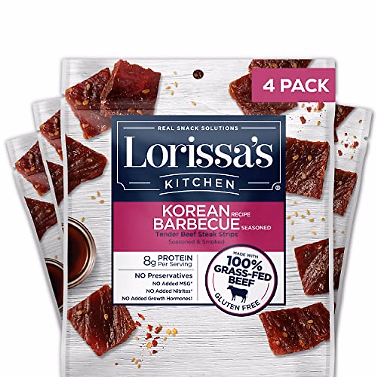 Lorissa's Kitchen Premium Grass-Fed Steak Strips, Korean Barbecue, 2.25 Oz. 4 Count - No Added MSG or Nitrites, Keto Friendly Snacks & Gluten Free, More Tender Than Traditional Beef Jerky
