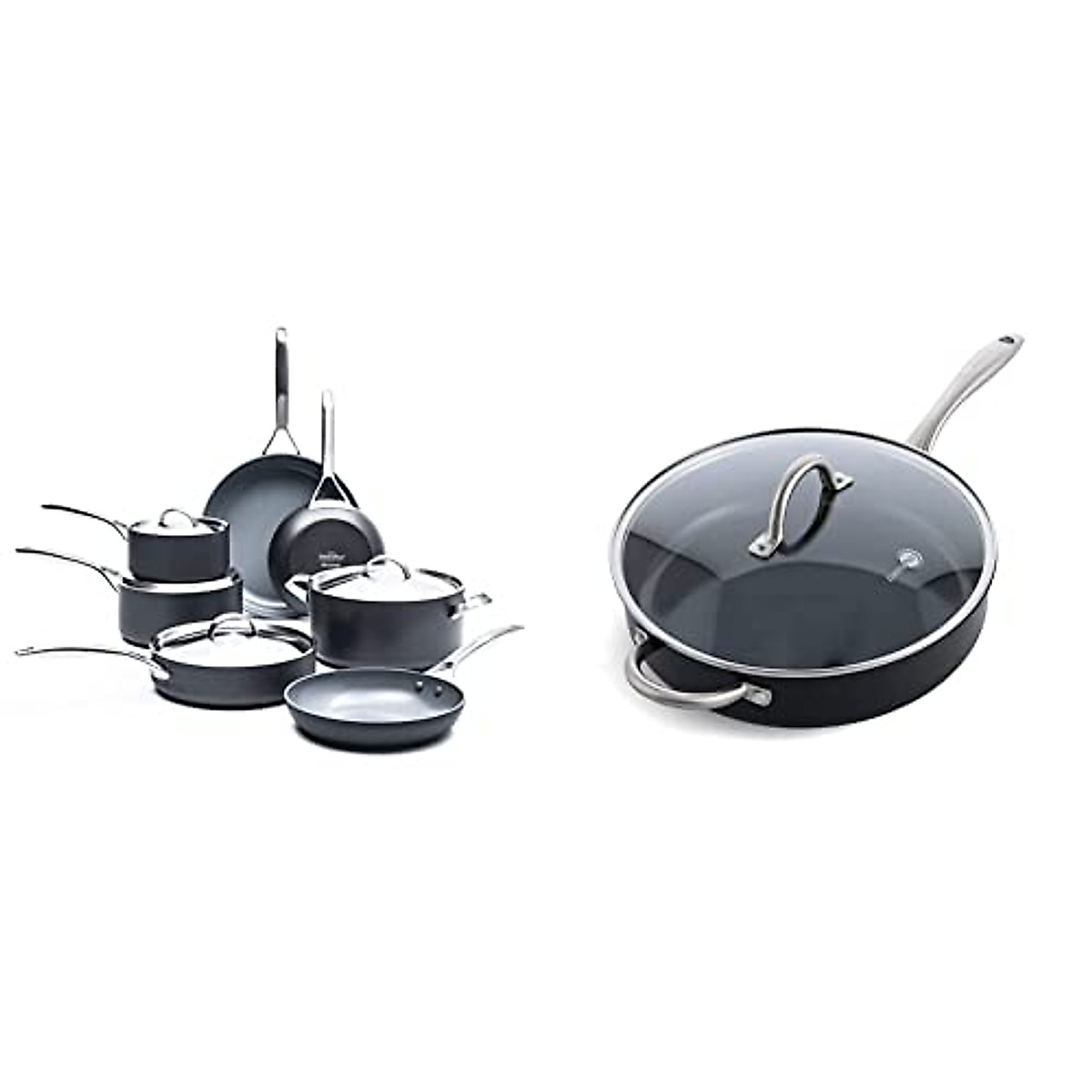 GreenPan Paris Pro Hard Anodized Healthy Ceramic Nonstick, 11 Piece Cookware Pots and Pans Set, Grey & Prime Midnight Hard Anodized Healthy Ceramic Nonstick, 5QT Saute Pan Jumbo Cooker, Black