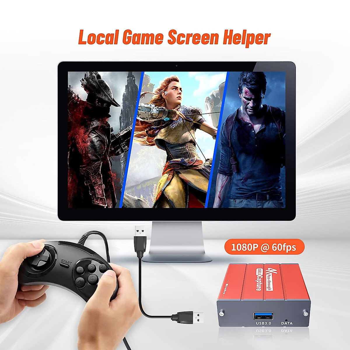 Mirabox USB3.0 4K HDMI Video Capture Card, 1080P 60FPS HD Game Capture Device Cam Link with HDMI Passthrough Work with Xbox PS5 PS4 Switch DSLR for OBS Twitch Live Streaming and Recording (Orange)