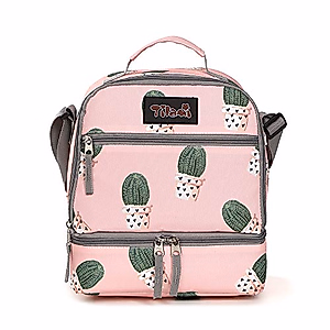 Tilami Lunch Bags Insulated Adjustable Strap Zipper, Two Compartments Cooler Bags, Bento Bags for Kids Toddlers, Cactus