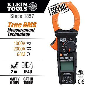 Klein Tools CL900 Digital Clamp Meter, Autoranging TRMS, AC/DC Voltage/Current, 2000A, LoZ , Continuity, Frequency, NCVT, Temp, More, 1000V
