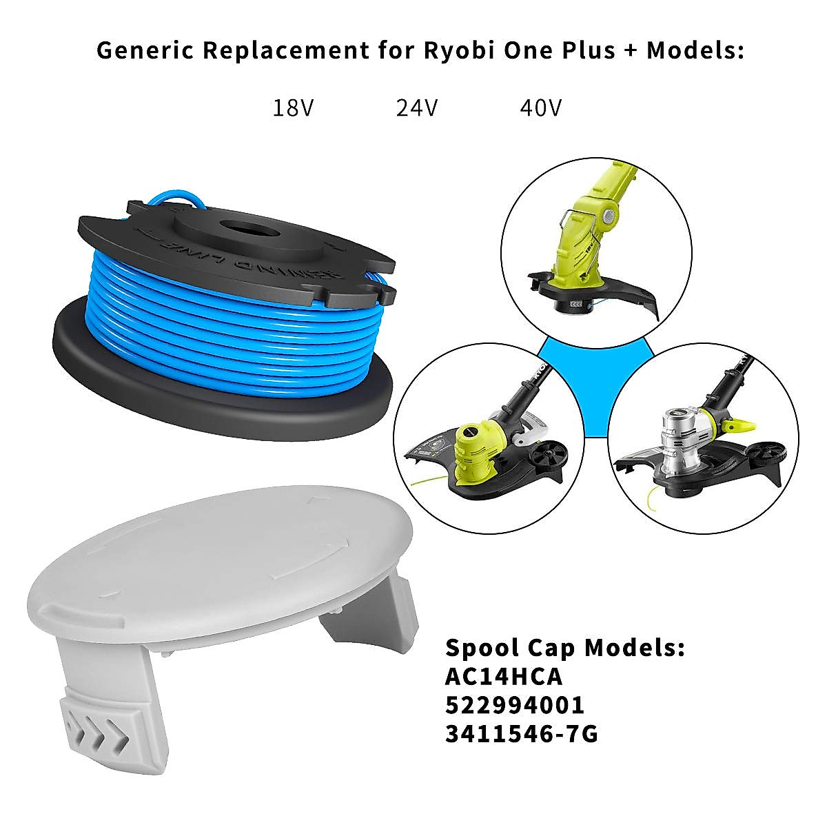 Generep Weed Eater String Trimmer AC14RL3A Spool Generic Replacement for Ryobi One Plus + 18V 24V 40V Cordless Trimmers and Cap Covers (6 Spool, 1 Cap)