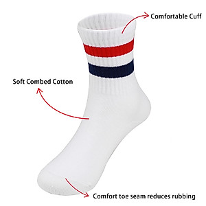 COTTON DAY Unisex School Kids Boys Girls Soft Cotton White Athletic Socks with Retro Red Blue Stripes 8-10 Years Size L (10)