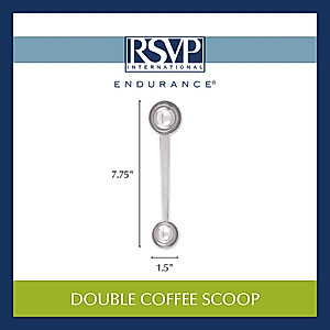 RSVP International Coffee Measuring Spoon, Long Handled Stainless Steel Scoop Multi-purpose for Baking, Ground Coffee, Beans or Loose Leaf Tea, Double, 1-Tbsp/2-Tbsp