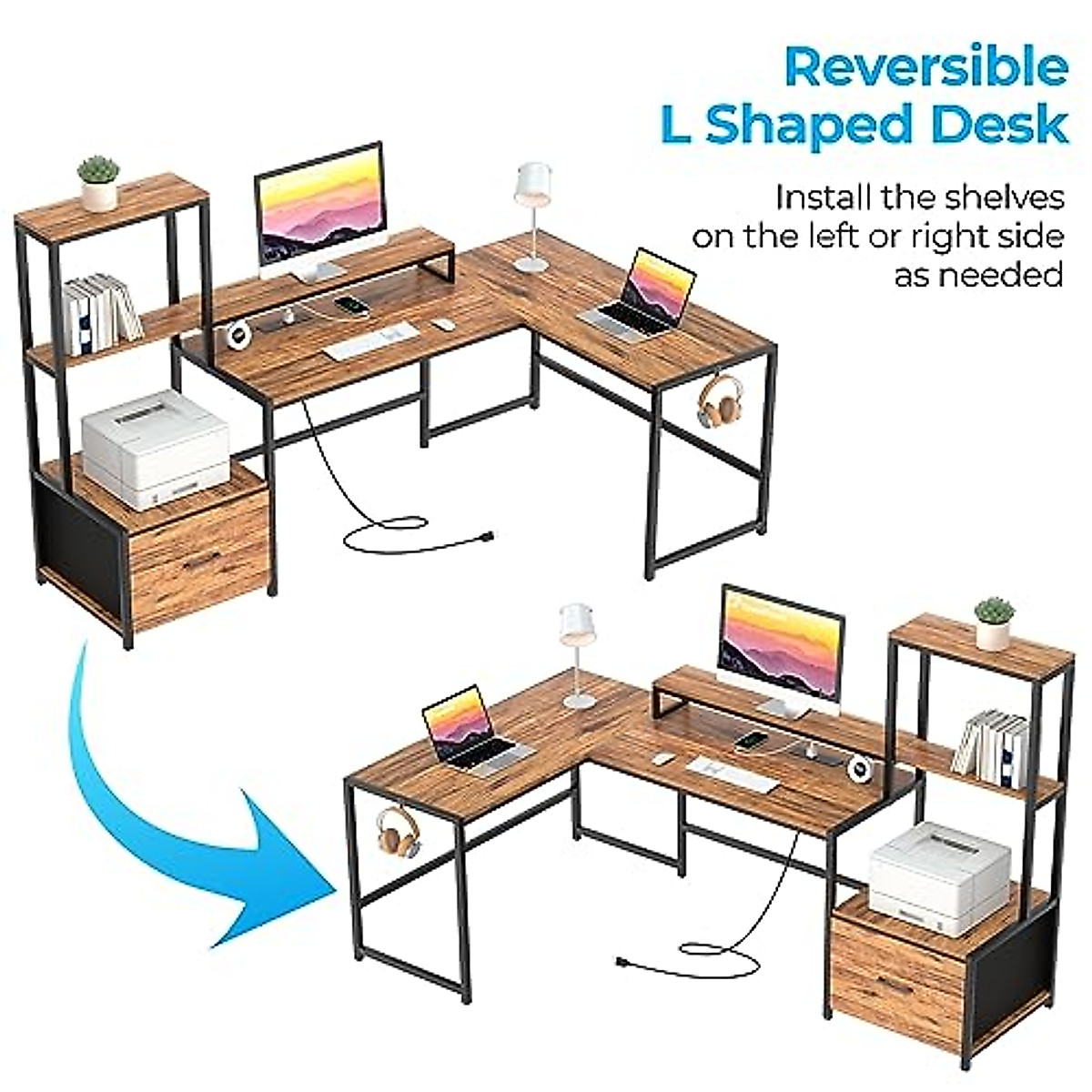 GreenForest L Shaped Desk with Drawers and Printer Stand,Power Outlets, 70 in Reversible Computer Desk with Monitor Stand and 2-Tier Shelves,Hook for Home Office Writing Study Work Table,Walnut