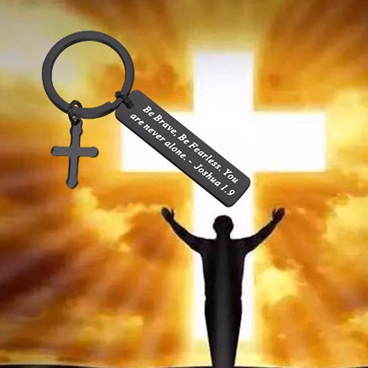 FEELMEM Christian Keychain Be Brave Be Fearless You Are Never Alone Joshua 1:9 Bible Verse Keychain Christian Religious Gift(black)