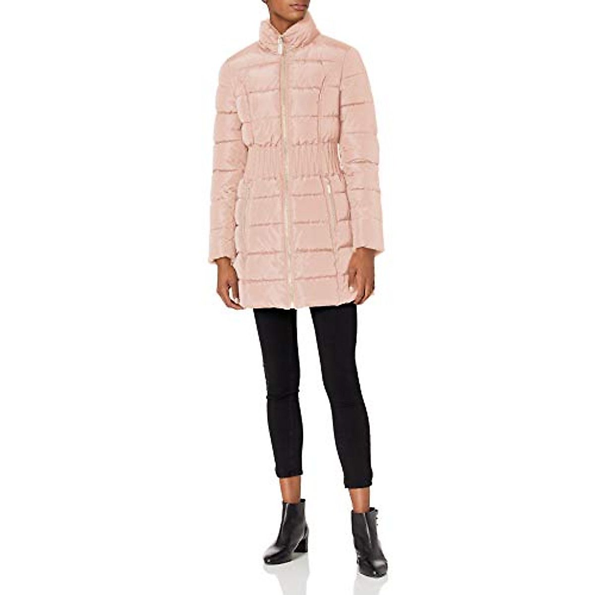 LAUNDRY BY SHELLI SEGAL Women's 3/4 Puffer Jacket with Zig Zag Cinched Waist and Faux Fur Trim Hood, Dusty Pink, Medium