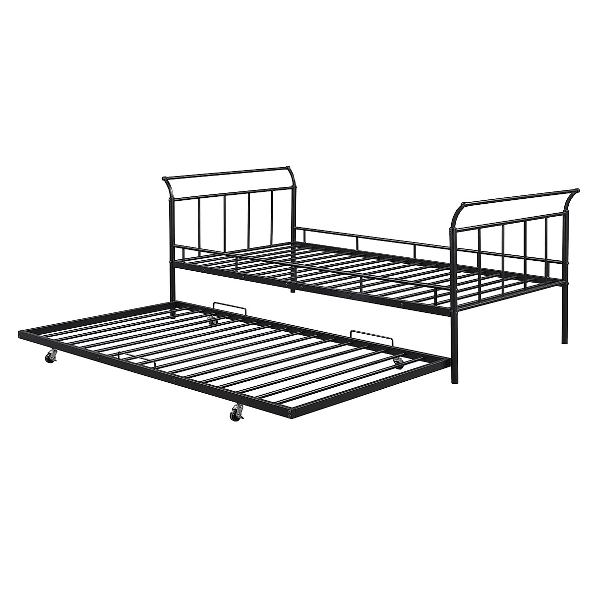 Full Size Daybed with Trundle Twin, Heavy Duty Daybed with Curved Handle and Slats, Metal Daybed for Kids, Girls, Boys, No Box Spring Needed, Black Day Bed Full Size
