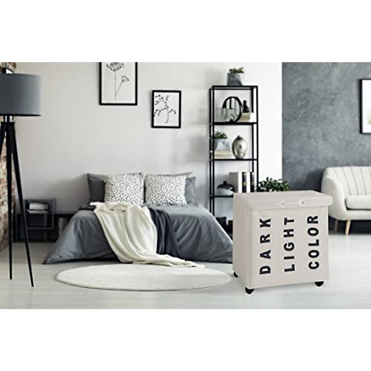 WENKO Trivo Laundry Sorter with 3 Sections (Dark, Light, Color), Laundry Basket on Wheels with Handle, Laundry Hamper with Lid, Beige, 30.6 gal, 22 x 23.6 x 13.8 in