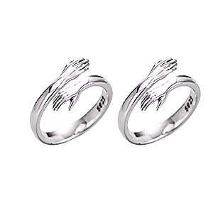 New 925 Sterling Silver European and American Jewelry Love Hug Ring, Adjustable Romantic Love Hugging Hands Open Ring for Women & Men (2PCS)