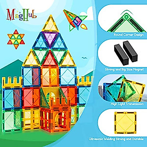 MagHub Magnetic Tiles 65 Piece Set Kids Magnet Toys,Clear 3D Magnetic Building Blocks Set, Magnetic Stacking Toy Construction Preschool Learning Educational Toy for Toddlers Children Boys Girls