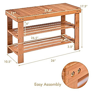 COSTWAY Bamboo Shoe Rack Bench 3-Tier Free Standing Wood Shoe Storage Organizer Shelf Holder Home Entryway Hallway Furniture Eco-Friendly (Natural)