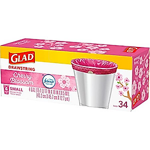 Glad OdorShield Small Drawstring Trash Bags, 4 Gallon Trash Bag, Febreze Cherry Blossom, 34 Count (Package May Vary)