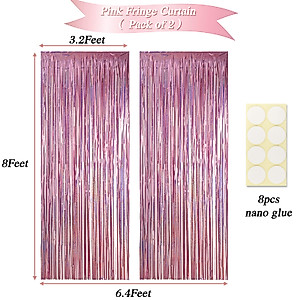 RUBFAC Pink Tinsel Backdrop for Pink Party Decorations, Pink Foil Fringe Curtain, 6.4x8 Feet, Pack of 2, Pink Streamers Decorations for Princess Birthday Bachelorette Wedding