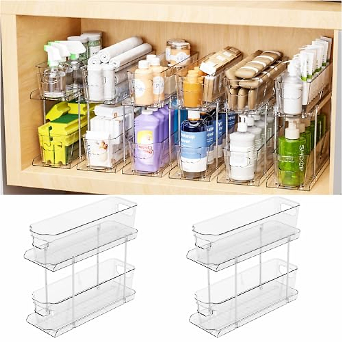 2 Set 2 Tier Bathroom Under Sink Organizers and Storage - 14.8"Deep x 5.1" Width - Suitable as Pantry Drawers Slide Out Shelves,Under Kitchen Sink Organizer,Narrow Pull Out Under Cabinet Organizer