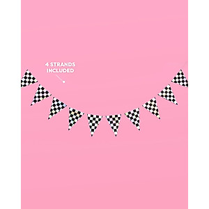 xo, Fetti Checkered Black and Iridescent Party Decorations Flag Banner - Set of 4, 32 Ft | Bachelorette Party Disco Garland, Monster Truck Birthday Party Supplies, Racecar Kids Decor