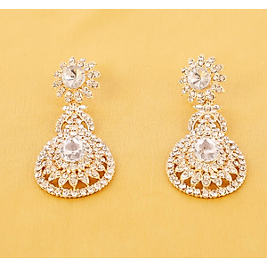 Touchstone Indian Bollywood Beautifully Hand Finished Victorian Studded Look White Rhinestone Designer Jewelry Chandelier Earrings In Gold Tone For Women.