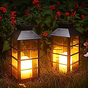 2 Pack Christmas Solar Lantern,Outdoor Garden Hanging Lantern-Waterproof LED Solar Lanterns Plastic Flickering Flameless Candle Mission Lights for Christmas Table, Outdoor, Party Decorative (Black)