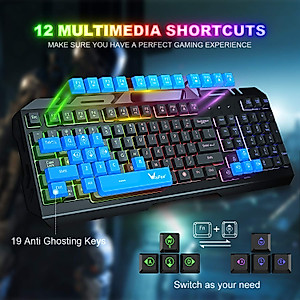 Gaming Keyboard, WisFox Colorful Rainbow LED Backlit Wired Computer Gaming Keyboard with 104 Keys, USB Wired Keyboard and Spill-Resistant for Windows PC Gamers Desktop PS4 (Renewed)