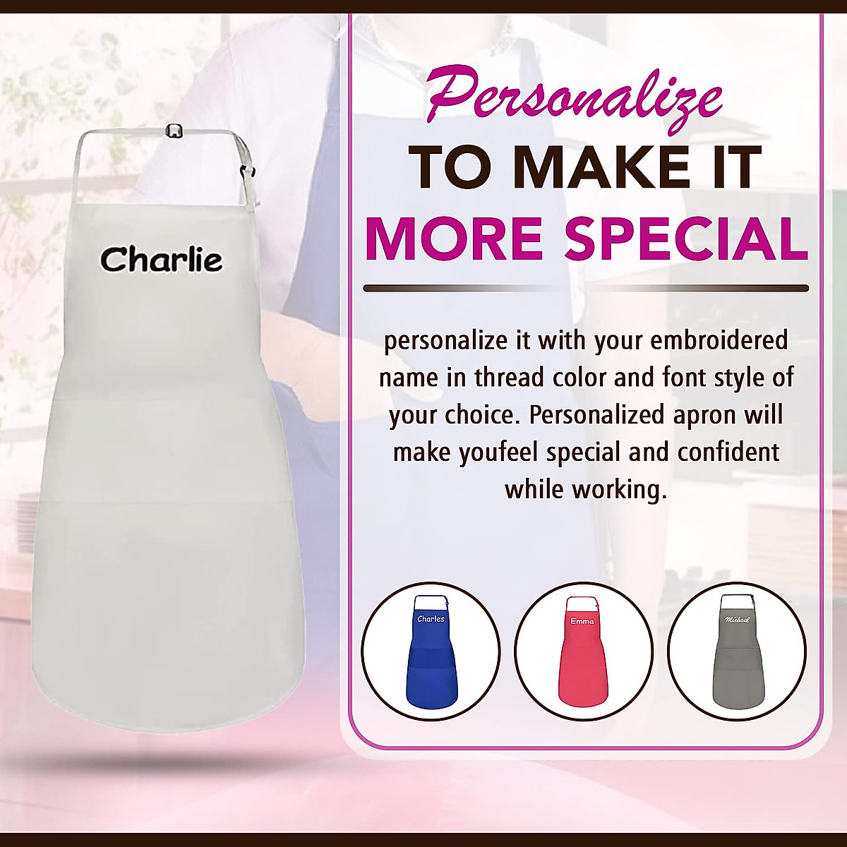 Personalized Aprons for Men and Women - Custom Apron with Embroidered Name - Unisex White Apron with Pockets for Kitchen Cooking Baking Restaurant BBQ Painting Crafting