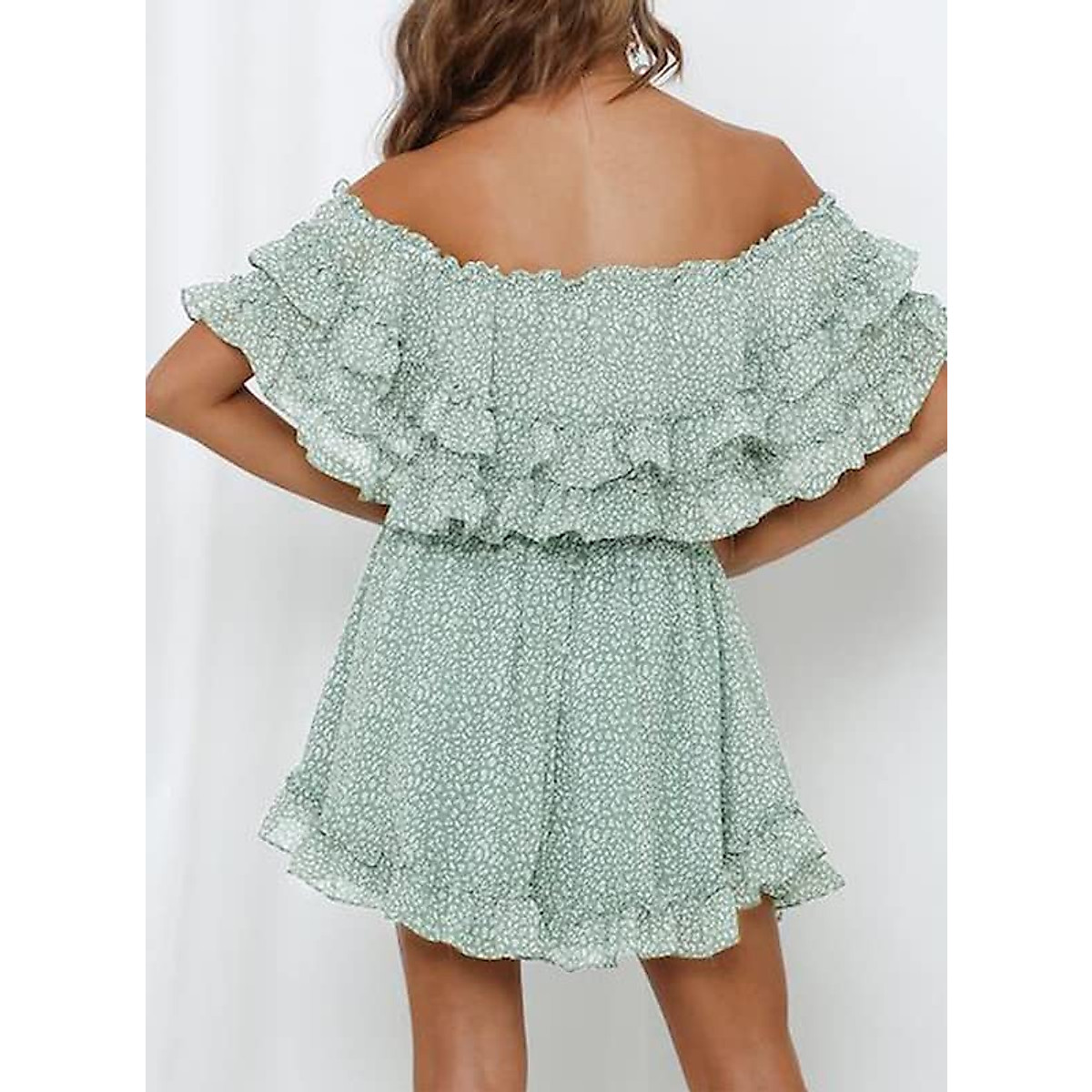 Dokotoo Women's Ladies Dresses Spring Summer Off The Shoulder Elastic Empire Waist Floral Bohemian Ruffle Chiffon Summer Dress for Women Green Large