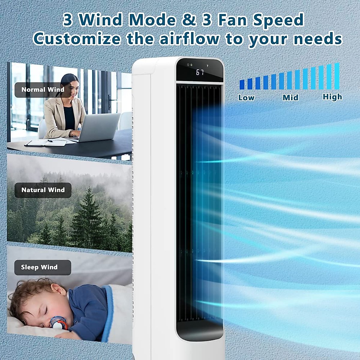 2-In-1 Evaporative Air Cooler - 41” Quiet Cooling Tower Fan Humidifier Portable Swamp Cooler with Bladeless Design, 60° Oscillation, Remote Control, 3 Modes and 3 Wind Speeds, 12H Timer, 4 Ice Boxes