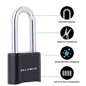 DELSWIN Combination Lock Outdoor Padlock - Weatherproof Extended 2-1/2 in. Long Shackle Combination Padlock for Gate, Shed, Trailers, and Sports Lockers(Black,2Pcs)