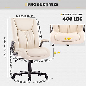 COLAMY Big and Tall Office Chair 400lbs, Large Heavy Duty High Back Executive Computer Office Desk Chair Flip-up Arms Wide Thick Seat for Home Office, Ivory