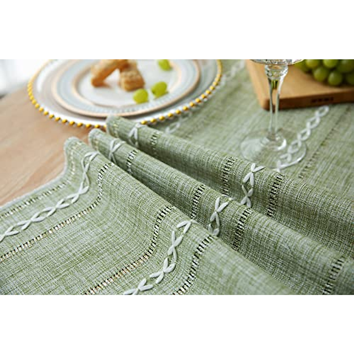 ZeeMart Farmhouse Table Runner, Rustic Table Runners 72 Inches Long, Linen Boho Table Runner, Braided Striped Green Table Runner for Dining Party Holiday, 15x72 Inches, Hollow Grass Green