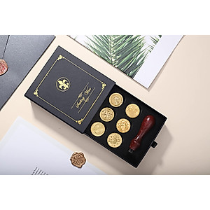 Wax Seal Stamp Gift Box Set, 6 Pcs Sealing Wax Stamps Copper Seals 1 Wooden Hilt, Wax Stamp Kit for Cards Envelopes, Gift Packaging (Vast Universe Series)