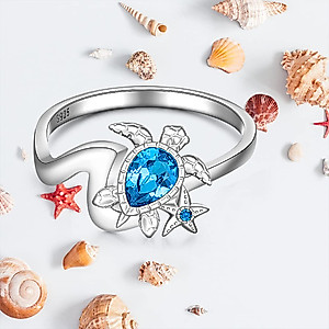 Turtle Ring Sapphire Jewelry for Women Ocean Themed Gifts Sea Starfish Blue Stone Zircon Diamond 925 Wave Ring Sterling Silver for Sister Mom Friend Size 8