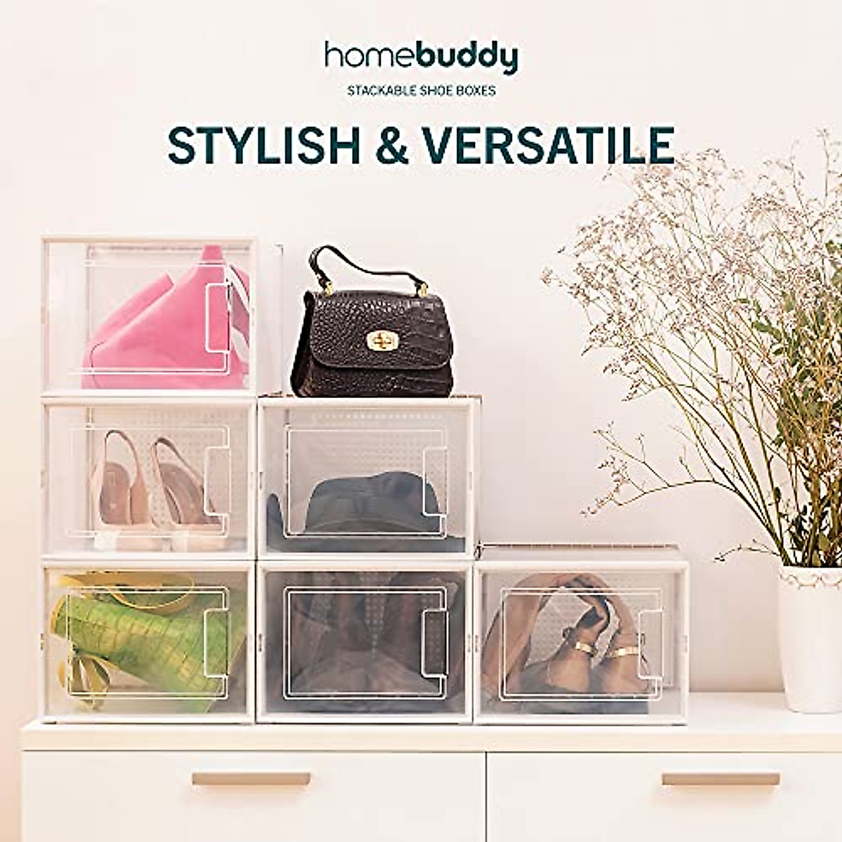 HomeBuddy Shoe Organizer for Closet - 6 Pack XL Shoe Storage Boxes Clear Plastic Stackable Bin, Boots, Sneaker Storage, Clear Shoe Boxes with Lids, Zapateras Organizer for Shoes, Closet Shoe Organizer