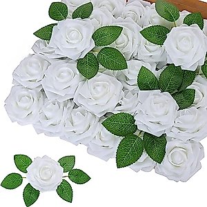 G-Lanthy Artificial Flowers, White Roses 30 Pcs Real Looking Fake Roses Artificial Foam Roses Decoration DIY for Wedding,Arrangements Party Home Decorations