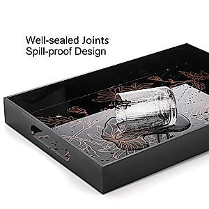 Hacaroa Black Acrylic Serving Tray with Handles, 17" x 12" Rectangular Breakfast Tray for Coffee Table, Appetizer, Tea, Decorative Floral Vanity Tray Organizer, Spill-Proof