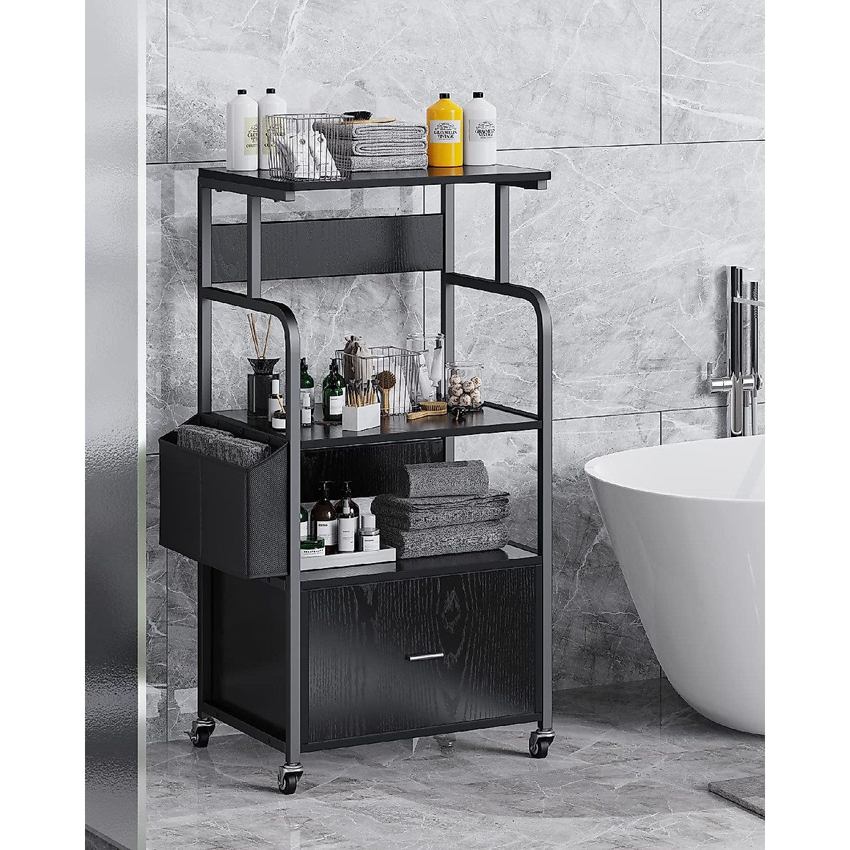 Gizoon 42'' Home Office Printer Stand with Storage Drawer, 3 Tier Large Tall Printer Shelf Cart W/Lockabel Rolling Wheels, Versatile - Black