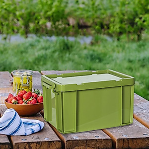 Fenteer PP Storage Box, Industrial Tote Bin with Lids and Latching Buckles, Stackable Camping Storage Container for Shoes, Storage Room, Toys, Garage, Green