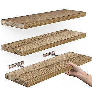 Floating Shelves, Solid Wood Shelf Set of 3,Floating Shelves for Wall Rustic Farmhouse Wooden Shelves, Bathroom Wall Shelf with Invisible Brackets for Storage, Bedroom,Office Decor(Light Brown)