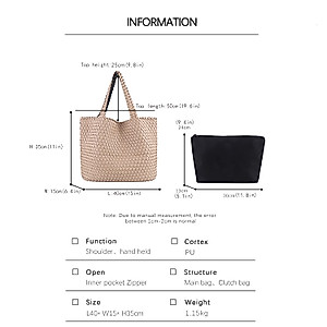 Ladies Handmade Knitting Large Handbags and Purses Casual Tote For Women Summer Beach Travel Bag Woven Composite Shoulder Bag (Rose red&black)